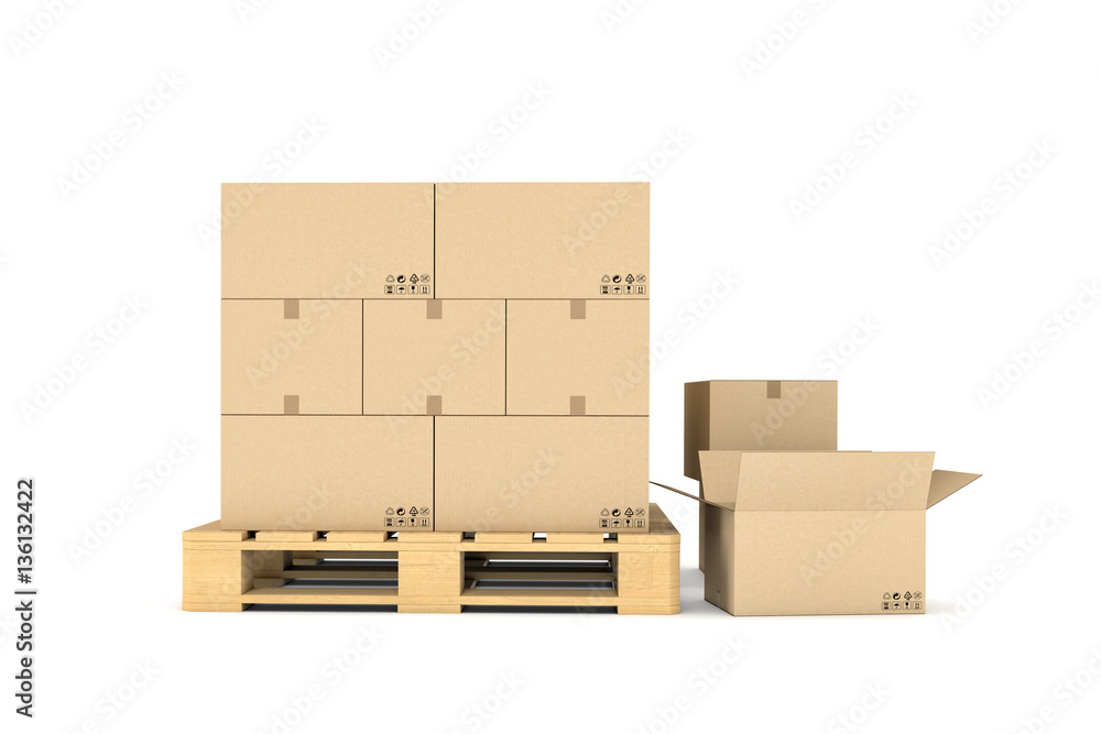 Rendering of several carton boxes stacked evenly on a double-decked ...