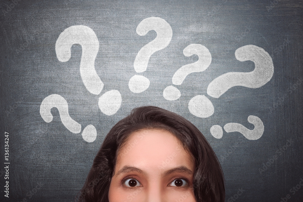 Thinking asian woman with question mark Stock Photo | Adobe Stock