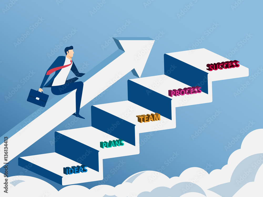 Businessman riding growth arrow graph on stair step to success. Cartoon ...