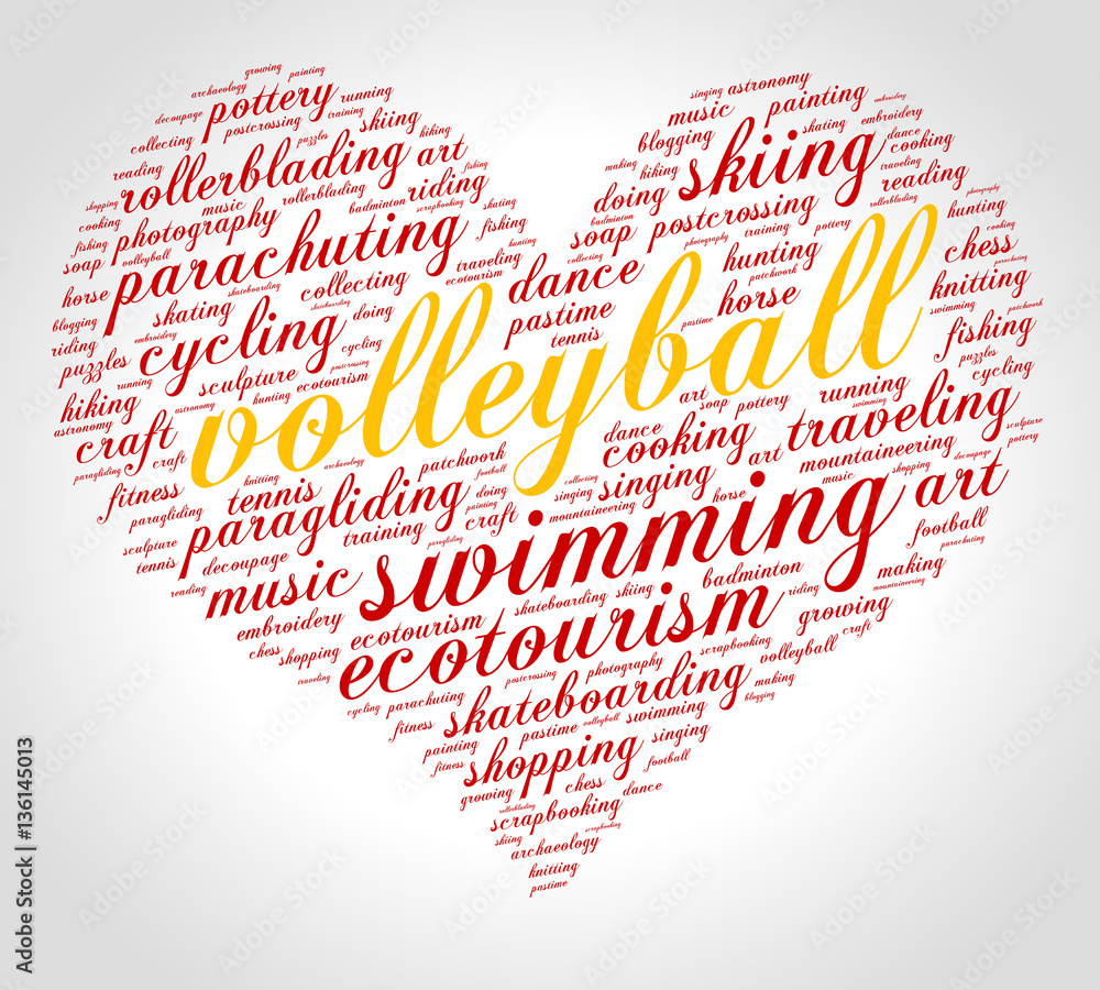 Volleyball. Word cloud, heart, italic font, grey gradient background ...
