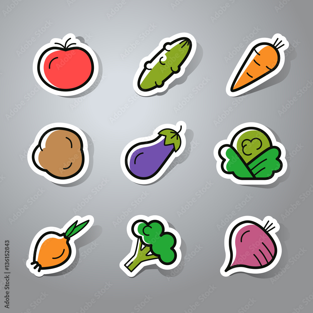 Cute vector stikers with vegetables Stock Vector | Adobe Stock
