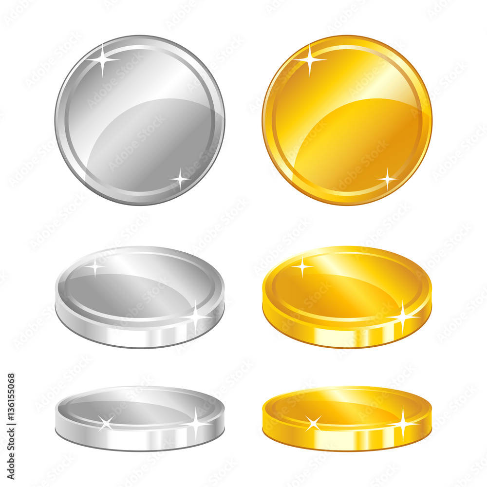 Gold and silver coins in different positions on white background Stock ...