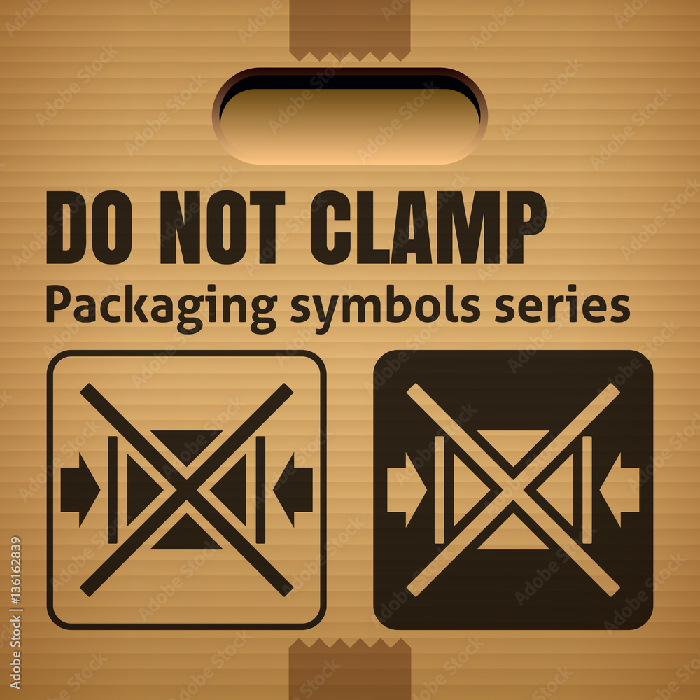 DO NOT CLAMP packaging symbol on a corrugated cardboard box. For use on ...