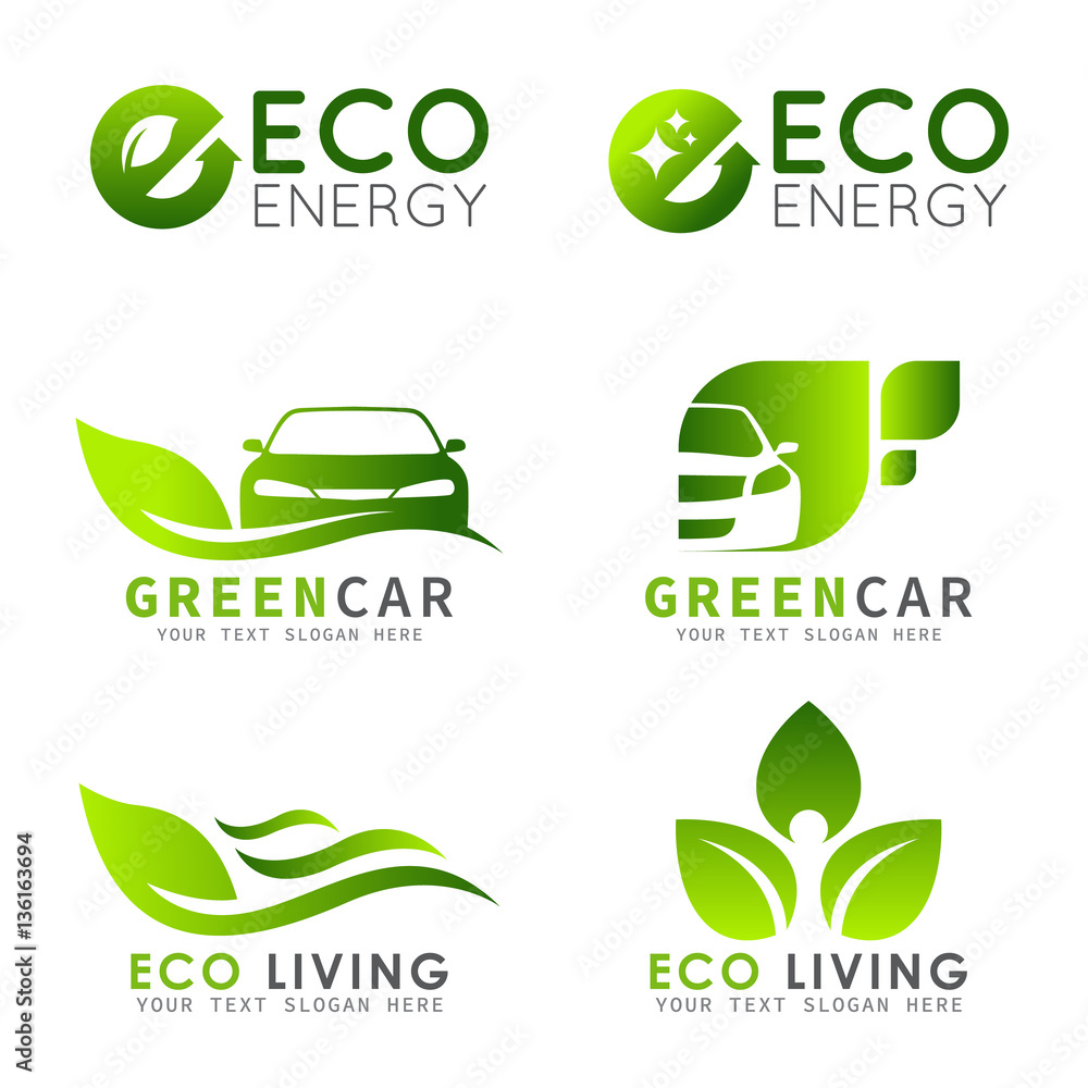 Green ECO logo with e letter , leaf and car vector set design เวกเตอร์ ...