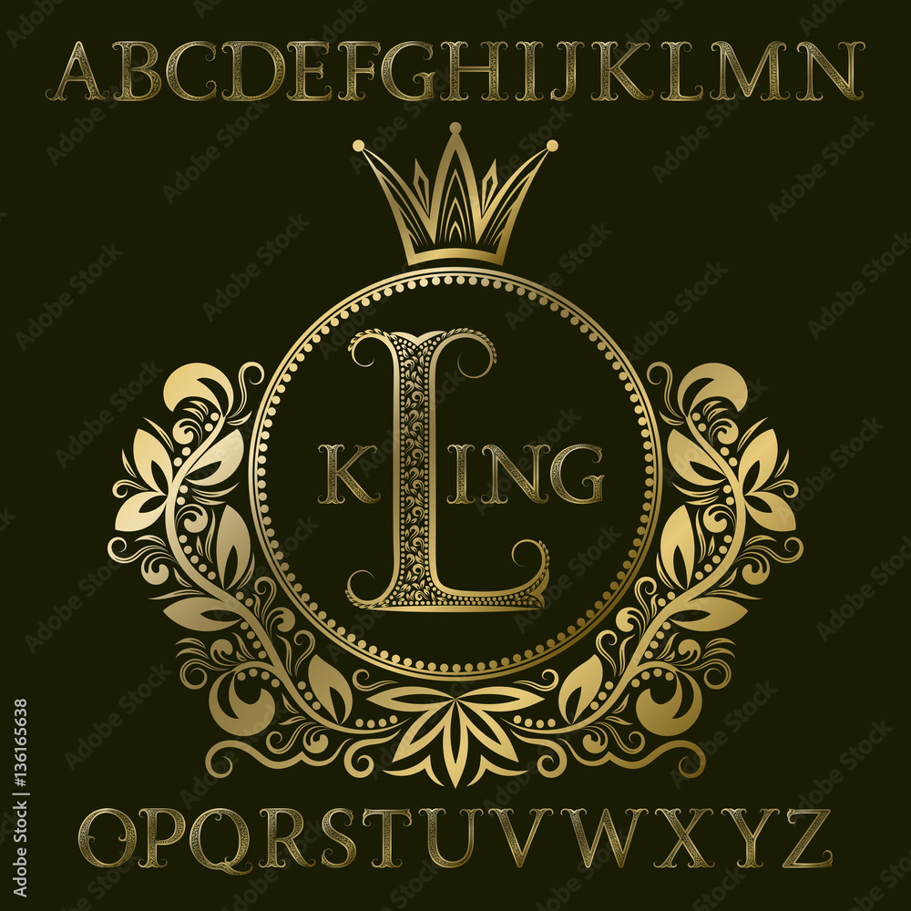 Golden patterned letters and initial monogram in coat of arms form with ...