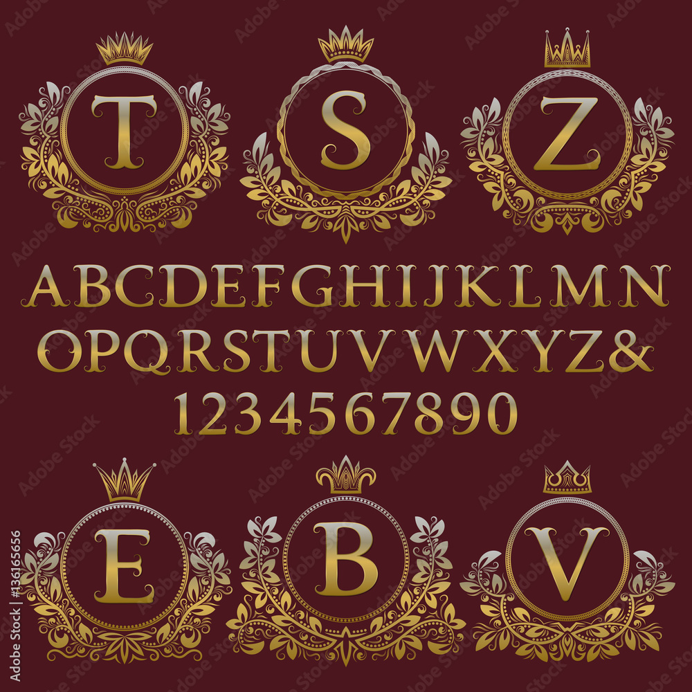 Vintage monogram kit. Golden letters, numbers and floral coat of arms ...