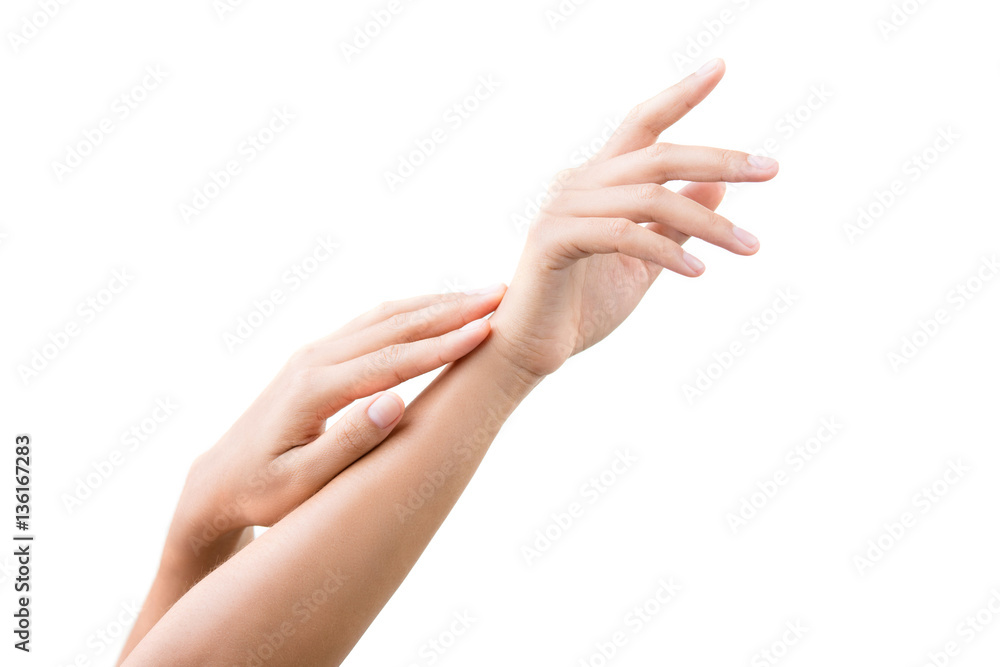 Beautiful woman hand holding items isolated on white background. Stock ...