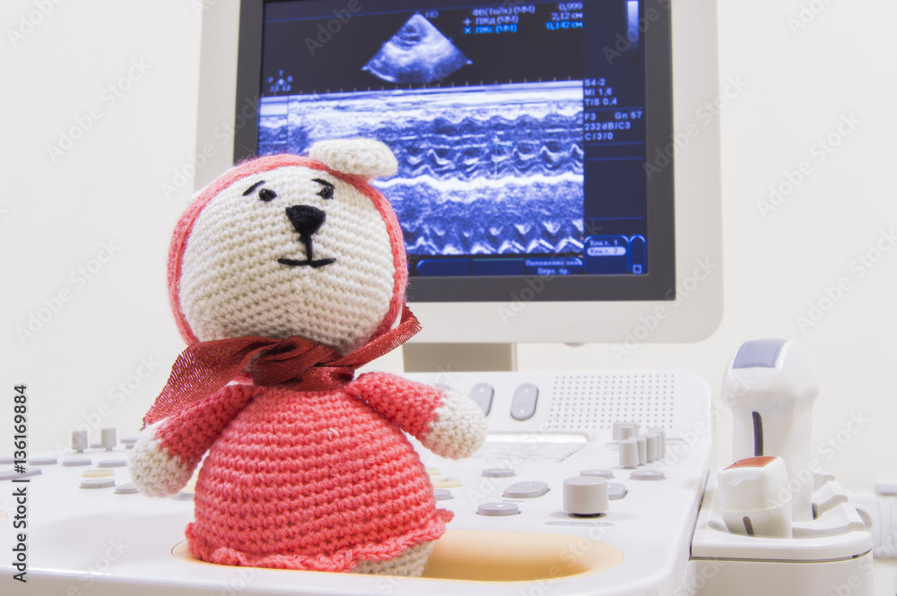 Medical ultrasound scanner and children toy knitted bunny on screen ...