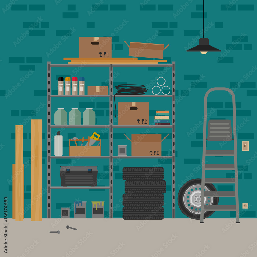 Storeroom interior with brickwall. Stock Vector | Adobe Stock