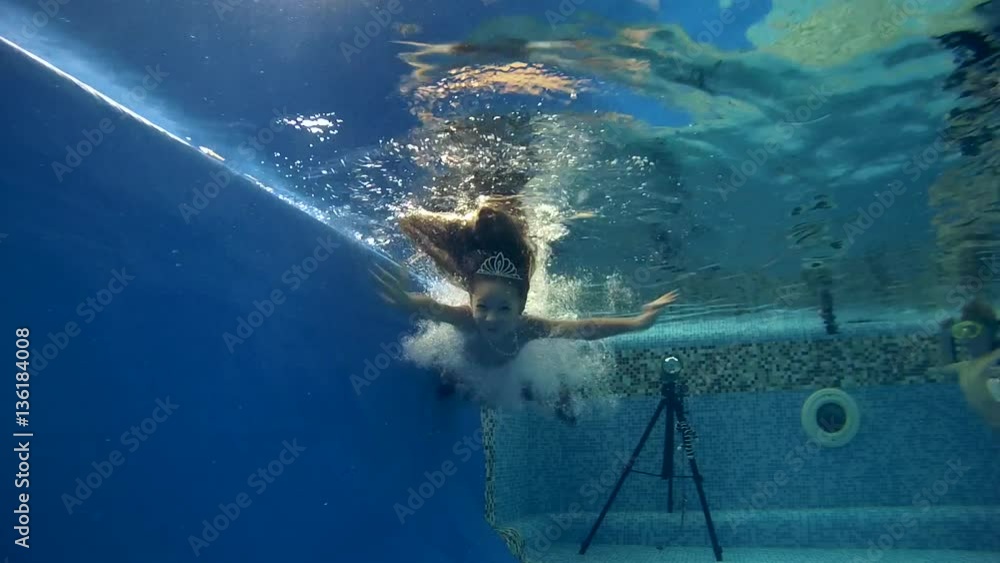 girl in mermaid costume wearing poses underwater in swimming pool Stock ...