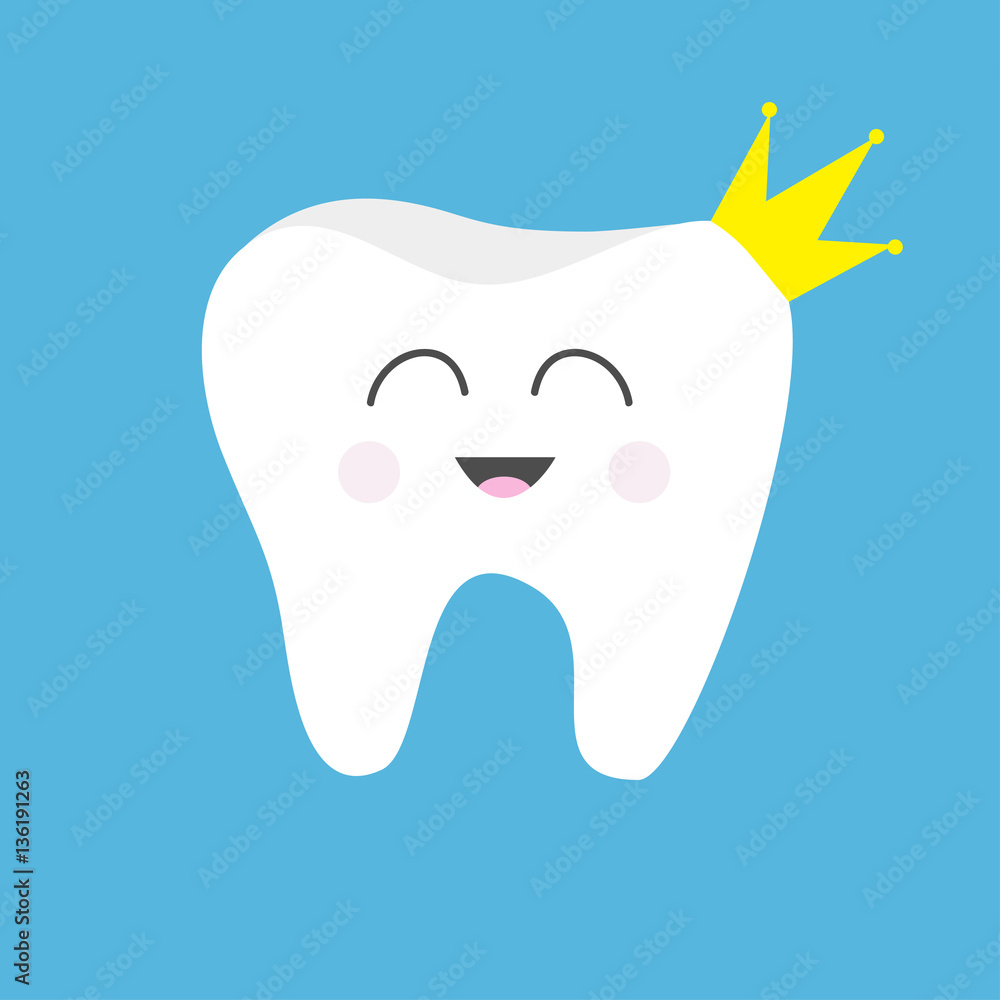 Tooth health icon wearing crown. Cute funny cartoon smiling character ...