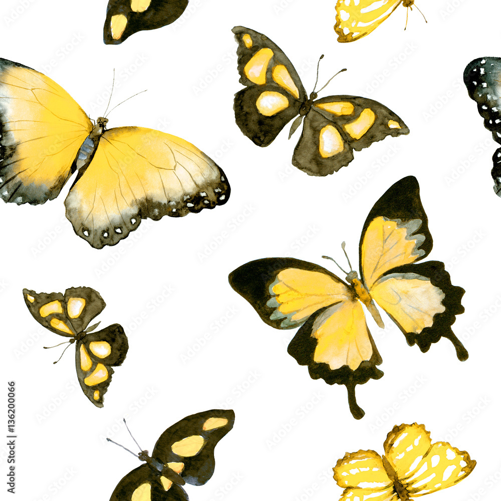 Yellow butterflies. Seamless pattern. Watercolor Stock Illustration ...