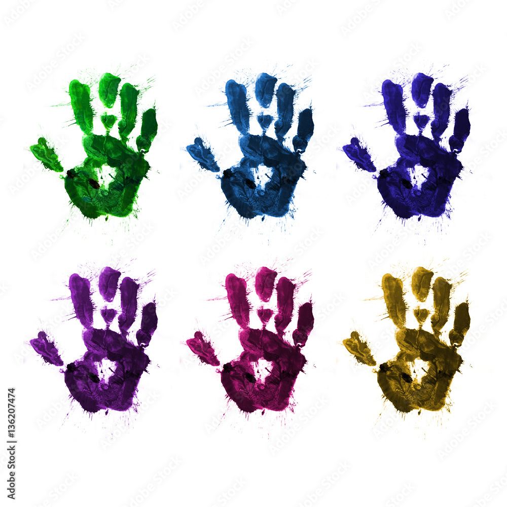 a set of handprints with paint in different colors Stock Illustration ...