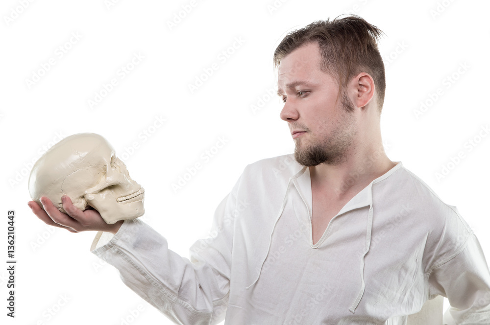 Thinking man with human skull Stock Photo | Adobe Stock