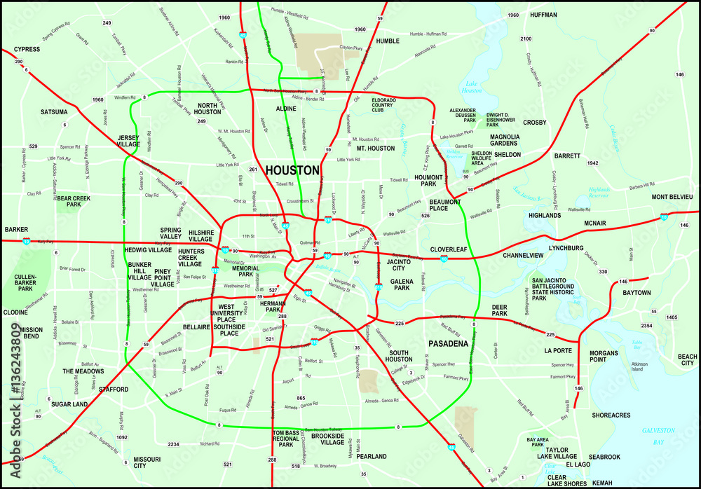 Houston Metro Map with Roads Stock Vector | Adobe Stock