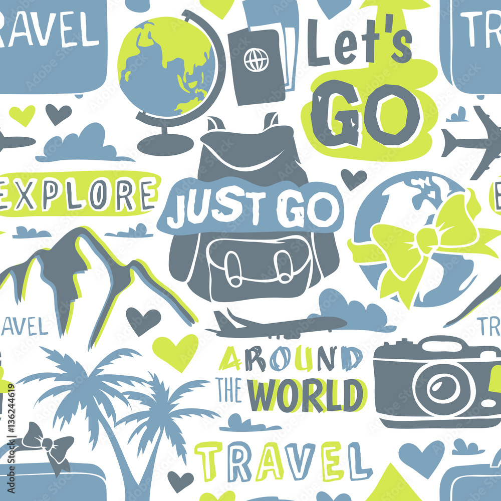 Travel theme seamless pattern with modern graphic vector illustration ...