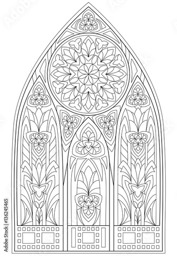 Page with black and white drawing of beautiful medieval Gothic window ...