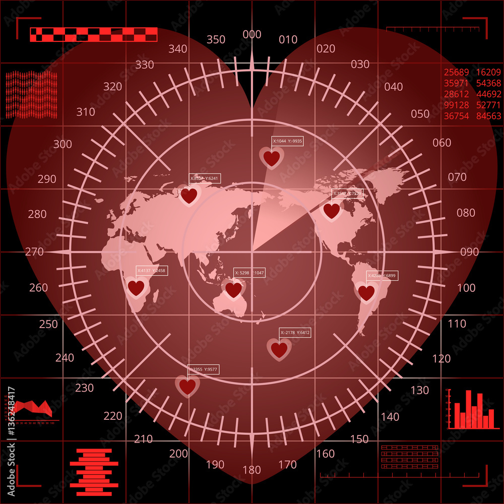 Digital red radar screen of heart shape with world map, targets and ...