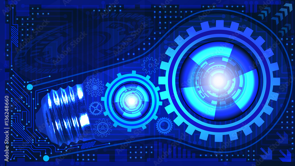 Abstract technological background with light bulb, gears and microchip ...