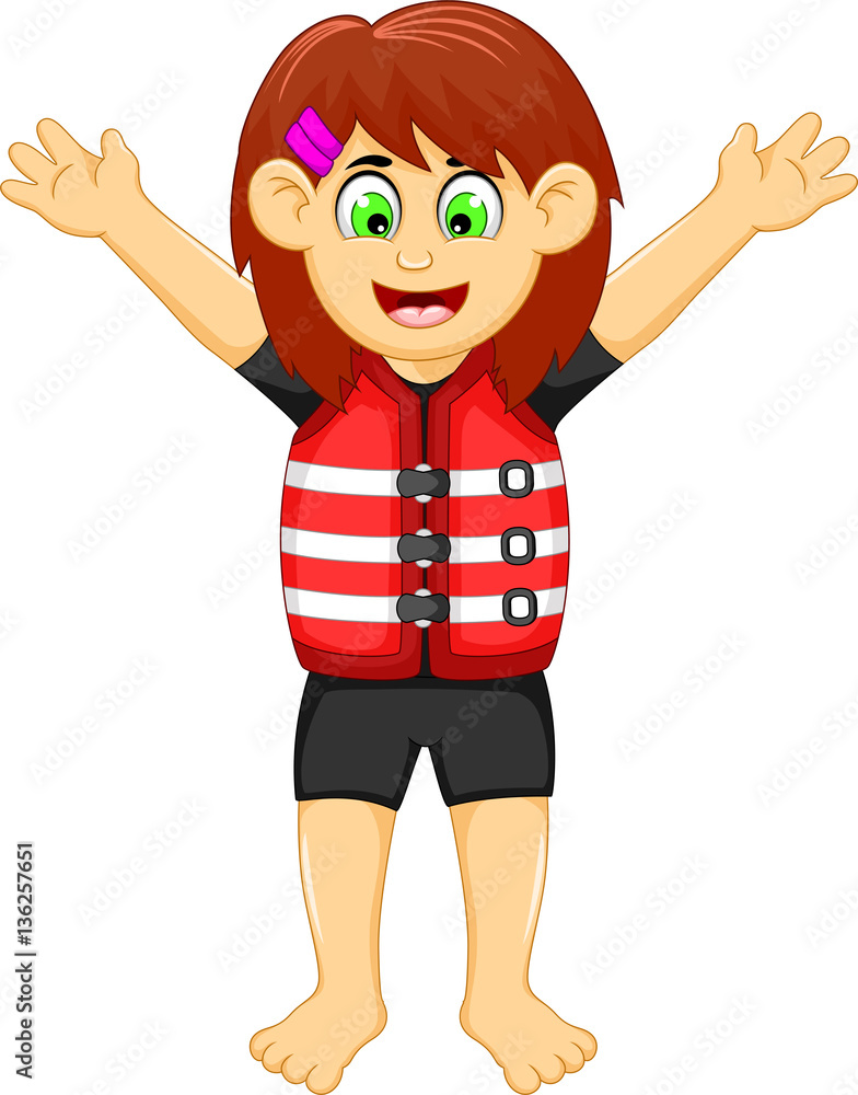 funny girl cartoon wearing life jacket Stock Illustration | Adobe Stock