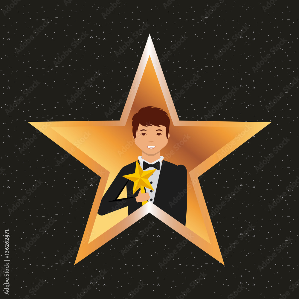 golden star with actor with trophy over black background. colorful ...