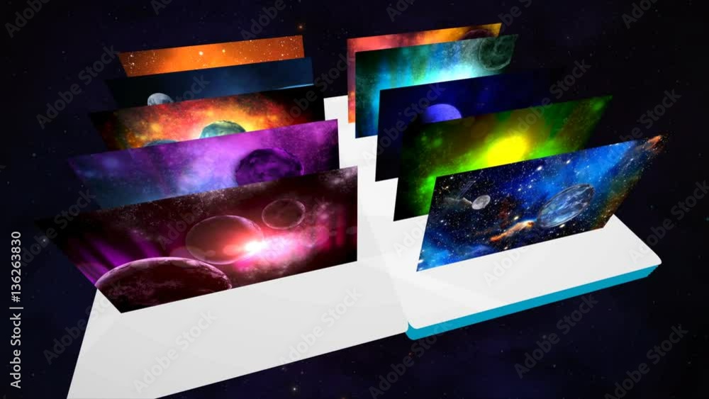 An animated pop up book highlighting various scenes from outer space ...