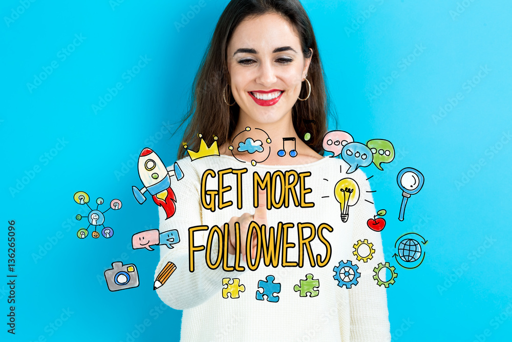 Get More Followers text with young woman Stock Photo | Adobe Stock