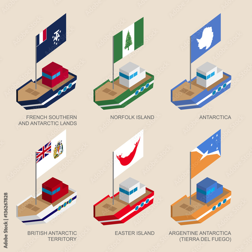 Set of isometric 3d ships with flags of countries and territories ...