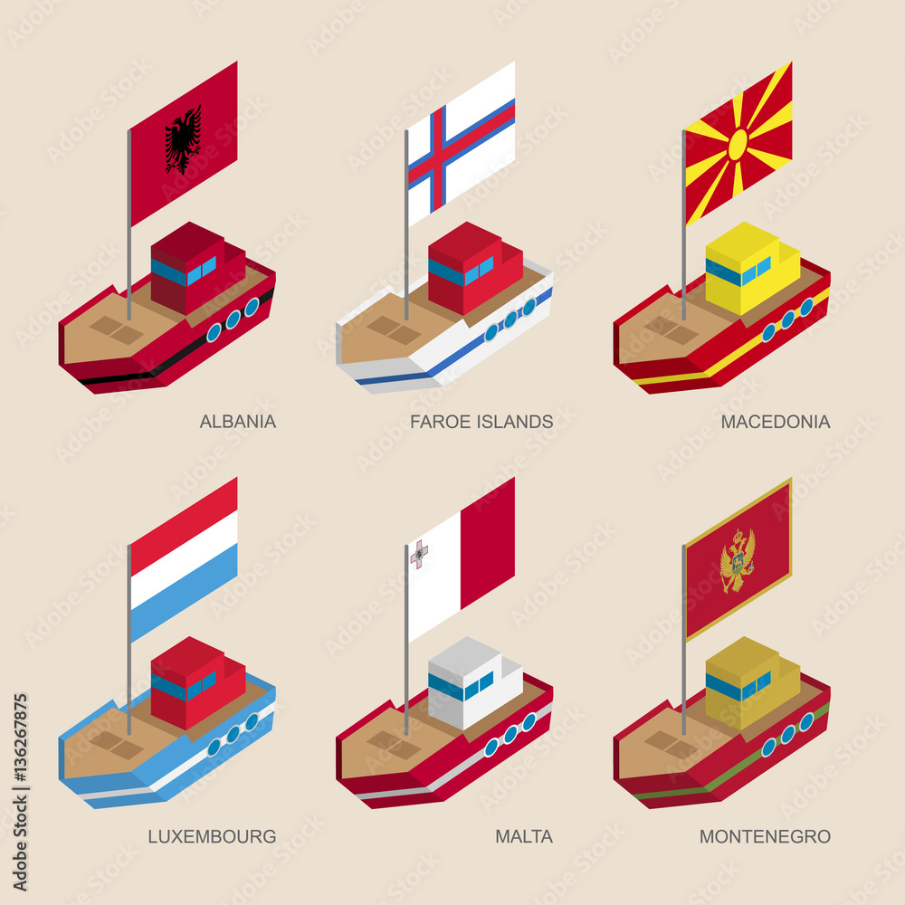 Set of isometric 3d ships with flags of countries in Central Europe ...