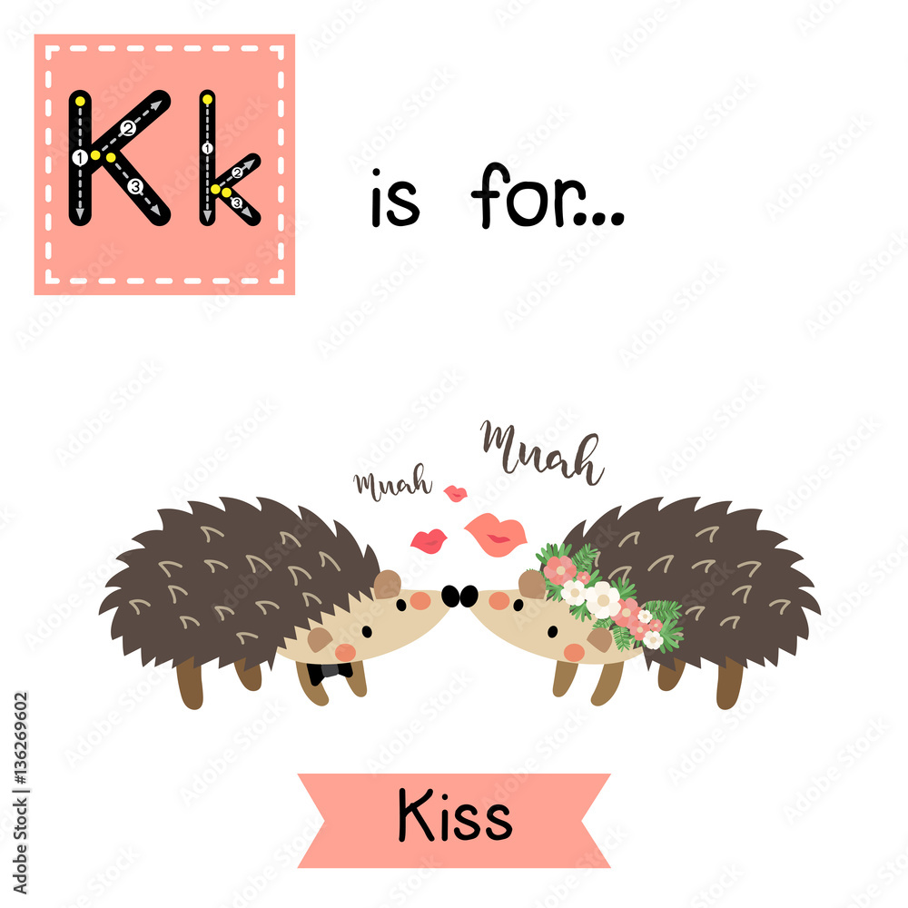 Cute children ABC alphabet K letter tracing flashcard of Kiss for kids ...