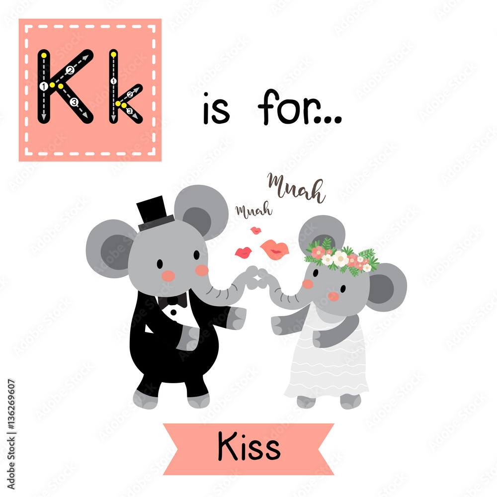 Cute children ABC alphabet K letter tracing flashcard of Kiss for kids ...