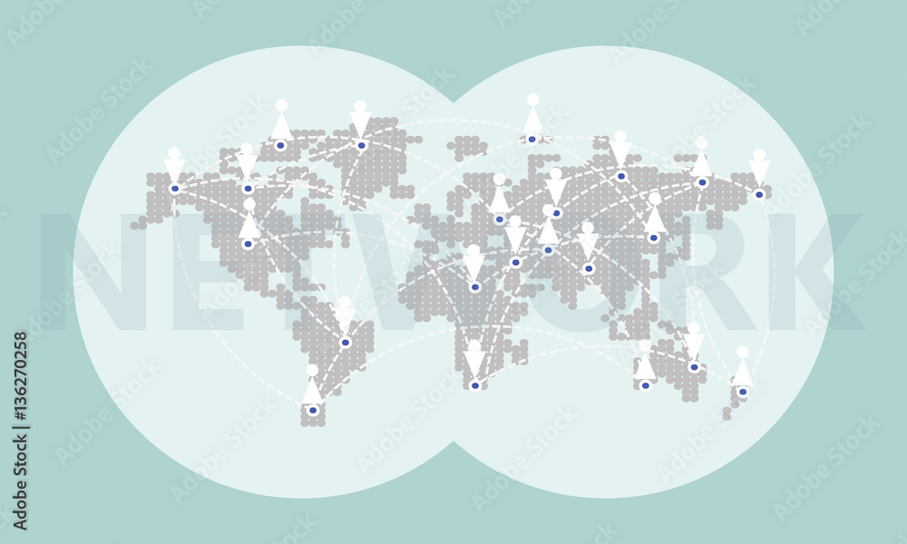 Net. Map of the world in two hemispheres, continents are connected by a ...