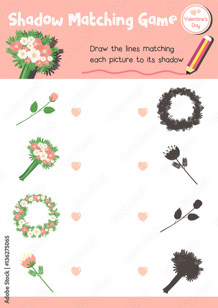 Shadow matching game of flowers for preschool kids activity worksheet ...
