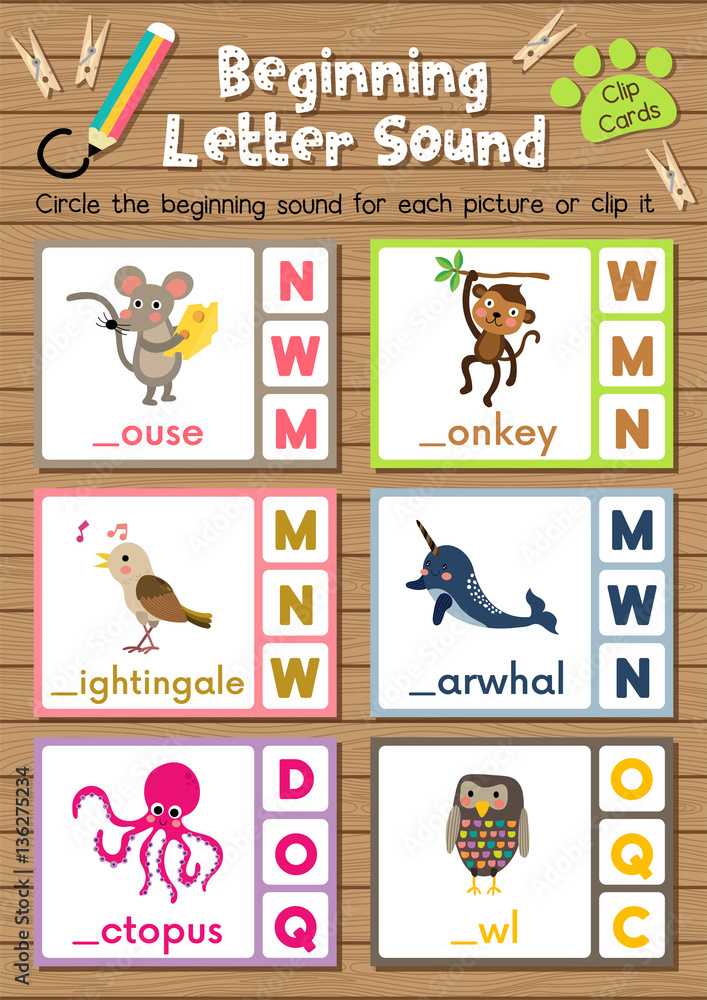 Clip cards matching game of beginning letter sound M, N, O for ...