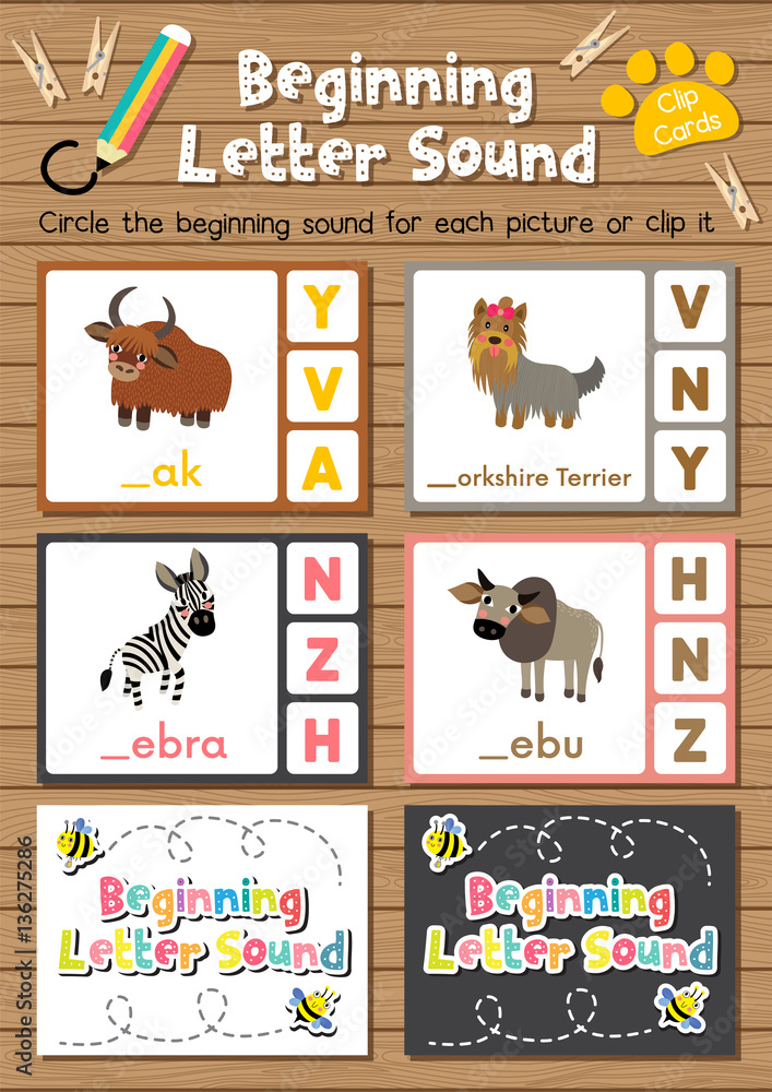 Clip cards matching game of beginning letter sound Y, Z for preschool ...