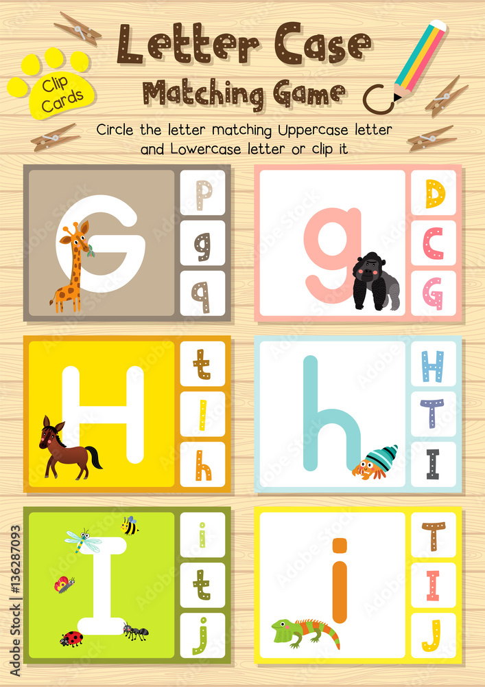Clip cards matching game of letter case G, H, I for preschool kids ...