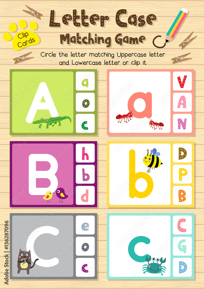 Clip cards matching game of letter case A, B, C for preschool kids ...