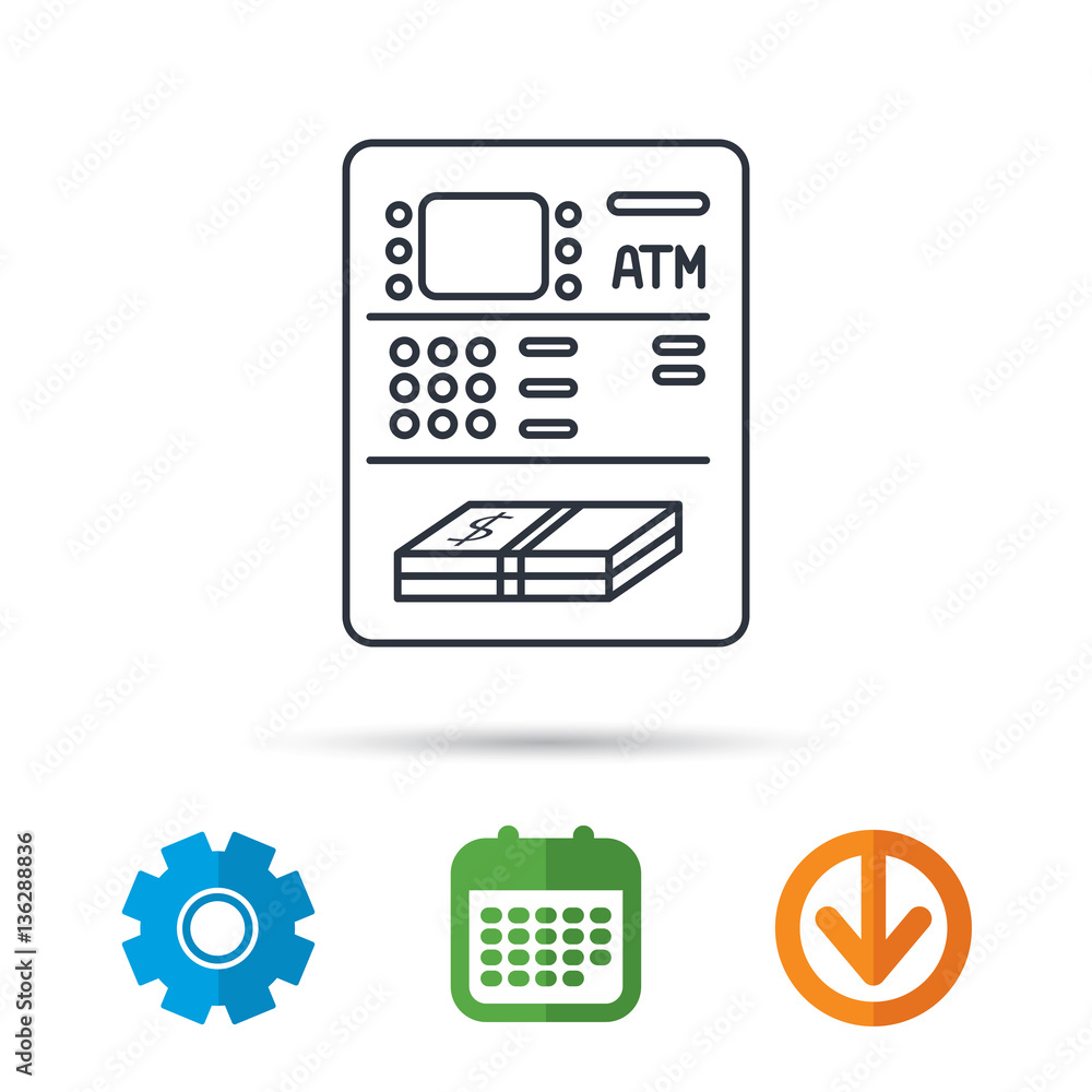 ATM icon. Automatic cash withdrawal sign. Calendar, cogwheel and ...