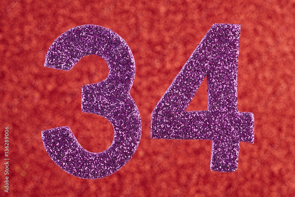 Number thirty-four purple color over a red background. Anniversa Stock ...