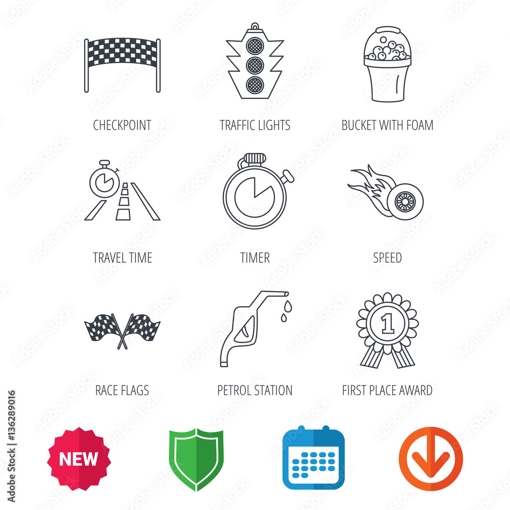 Race flags and speed icons. Winner medal, checkpoint and traffic lights ...