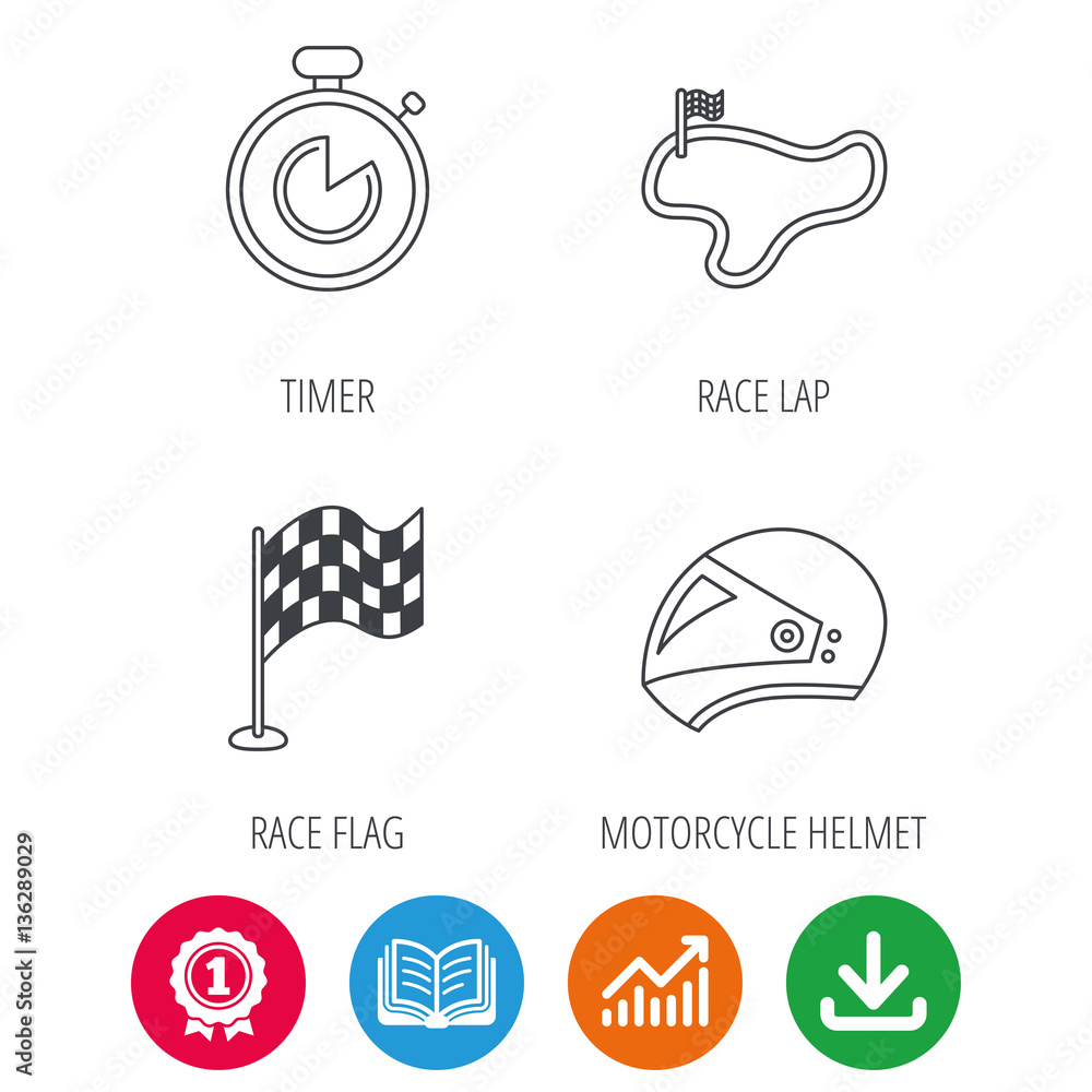 Race flag, timer and motorcycle helmet icons. Race lap linear sign ...