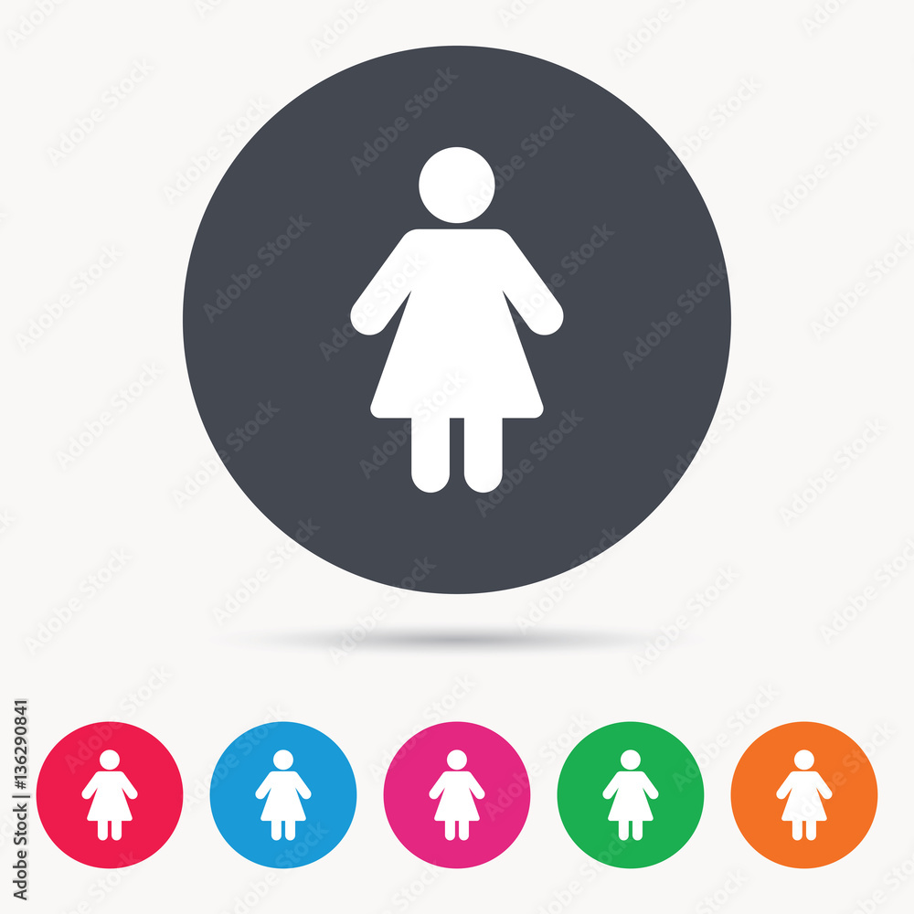 Woman icon. Female human symbol. User sign. Colored circle buttons with ...