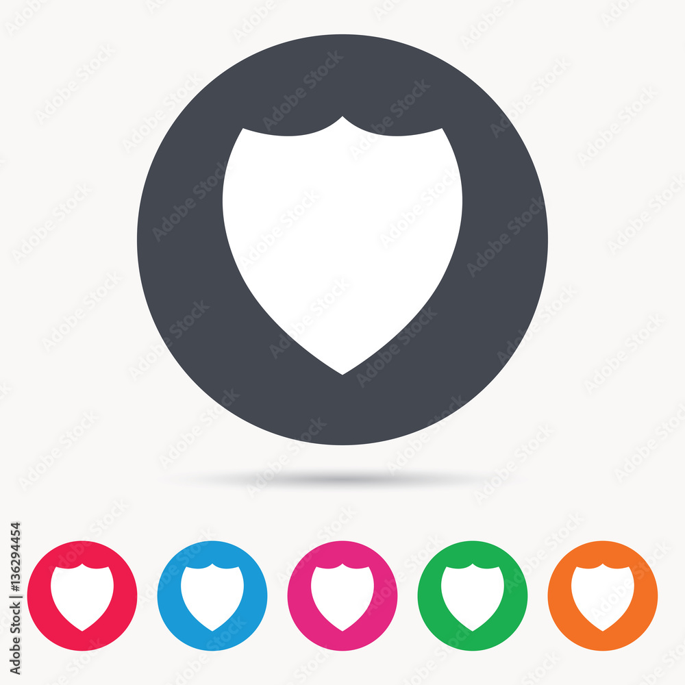 Shield protection icon. Defense equipment symbol. Colored circle ...