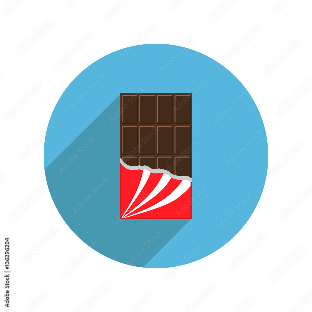 Round chocolate bar icon shadow. Opened red wrapping paper foil. Tasty ...
