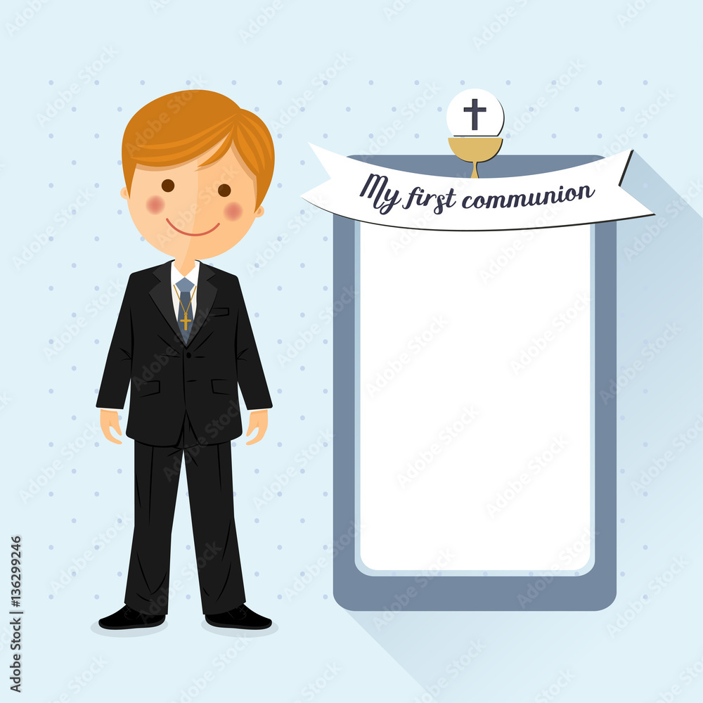 Child costume in her first communion dress invitation with message on ...