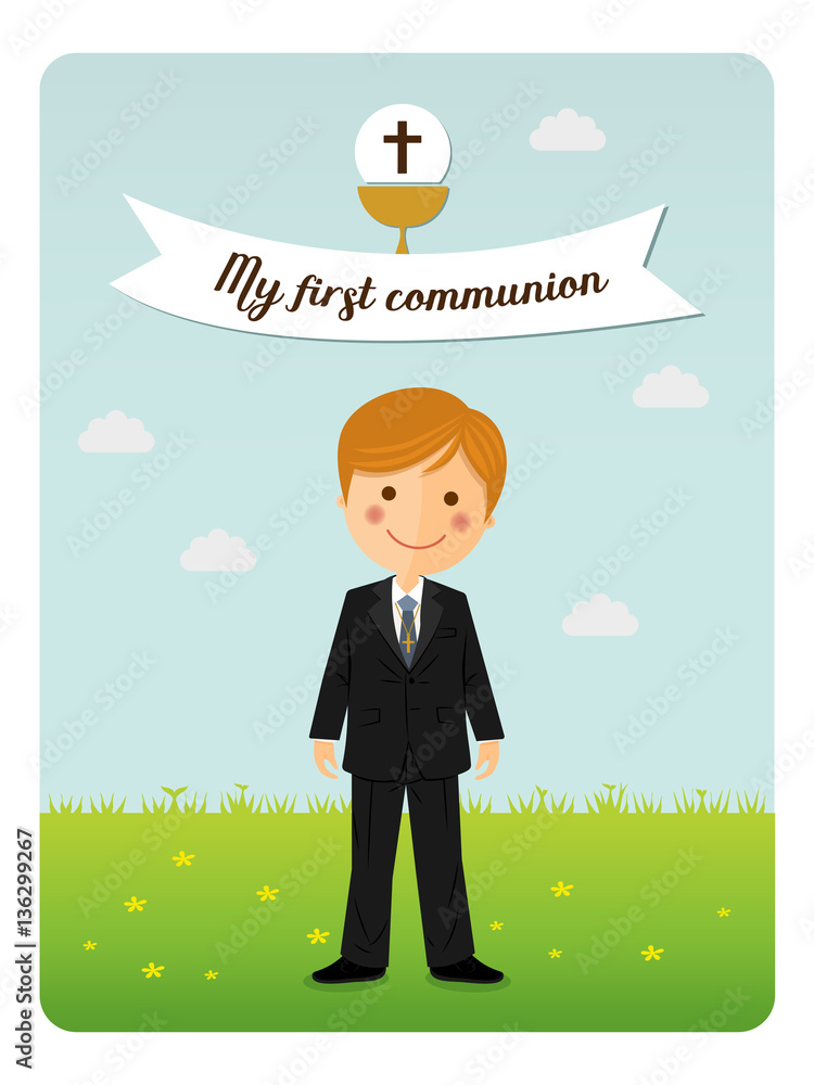 Child costume in her first communion dress vertical dinvitation with ...