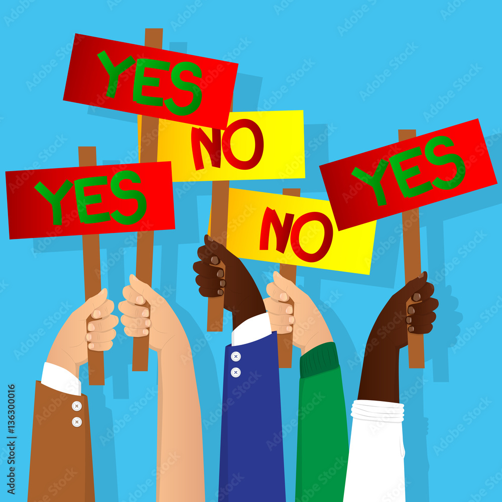 Vector illustrated cartoon hands holding yes and no vote signs. Stock ...