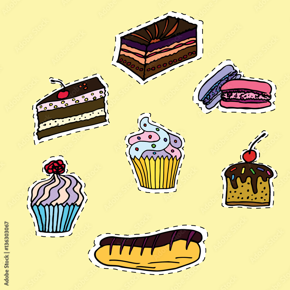 Cool stickers set of pastries on yellow background. Patch badges with ...