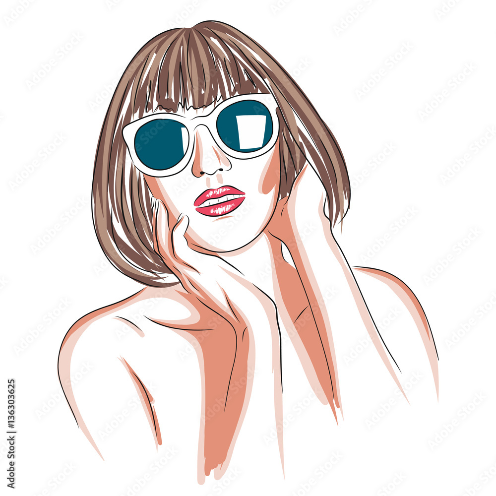 vector illustration of beautiful woman wearing white sunglasses Stock ...