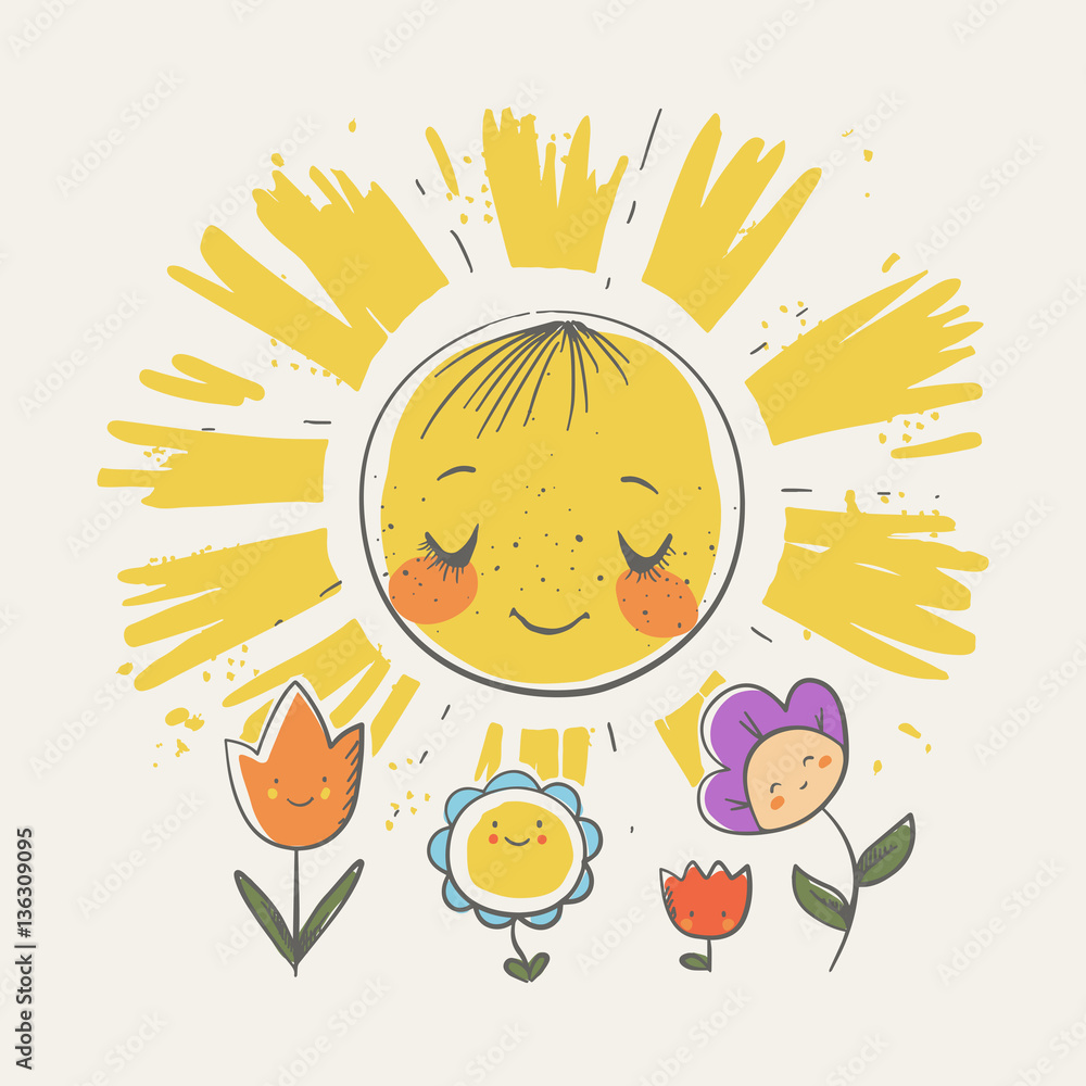Cute little sun and flowers cartoon hand drawn vector illustration. Can ...